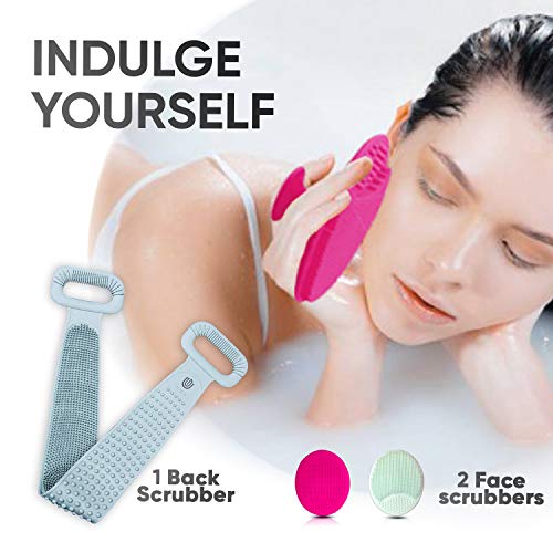 Extra Long Silicone Back Scrubber With Facial Cleansing Brush | Back Scrubber For Shower | Silicone Body Scrubber | Face Exfoliator, Back Scratcher, Bath Accessories | Cleanse and Soften Your Skin