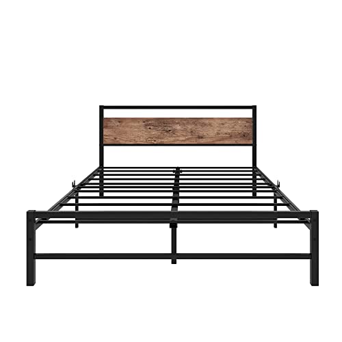 Crocofair Queen Size Bed Frame with Wooden Headboard and Footboard,Heavy Duty Metal Platform Bed Frame with Storage,Mattress Foundation Easy Assembly No Box Spring Needed(Rustic Brown)