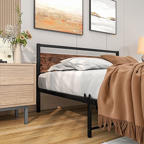 Crocofair Queen Size Bed Frame with Wooden Headboard and Footboard,Heavy Duty Metal Platform Bed Frame with Storage,Mattress Foundation Easy Assembly No Box Spring Needed(Rustic Brown)