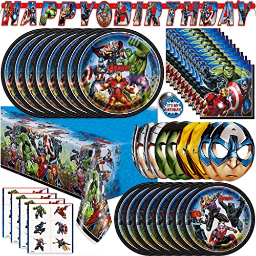 Marvel Avengers Party Supplies and Decorations, Avengers Birthday Party Supplies, Serves 16 Guests, Officially Licensed with Table Cover, Banner Decor, Plates, Napkins, and More