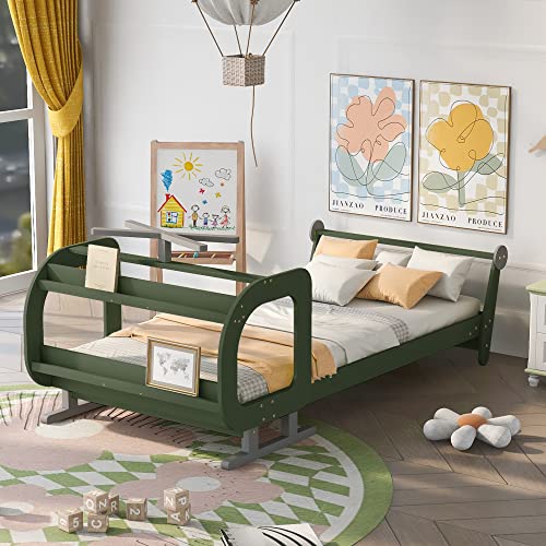 Polibi Helicopter-Shaped Twin Size Platform Bed with Rotatable Propeller and Storage Shelves, Solid Wood Twin Bed Frame, Box Spring No Required, Green