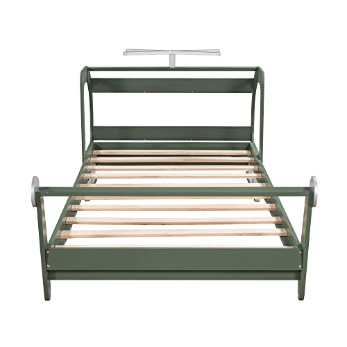 Polibi Helicopter-Shaped Twin Size Platform Bed with Rotatable Propeller and Storage Shelves, Solid Wood Twin Bed Frame, Box Spring No Required, Green