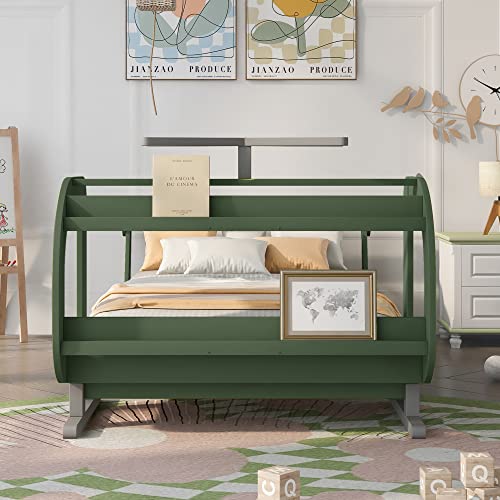 Polibi Helicopter-Shaped Twin Size Platform Bed with Rotatable Propeller and Storage Shelves, Solid Wood Twin Bed Frame, Box Spring No Required, Green