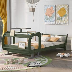 Polibi Helicopter-Shaped Twin Size Platform Bed with Rotatable Propeller and Storage Shelves, Solid Wood Twin Bed Frame, Box Spring No Required, Green