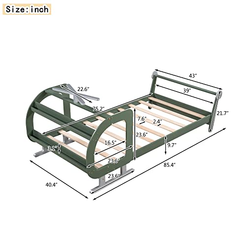 Polibi Helicopter-Shaped Twin Size Platform Bed with Rotatable Propeller and Storage Shelves, Solid Wood Twin Bed Frame, Box Spring No Required, Green