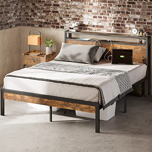 IRONCK Queen Bed Frame,Platform Bed with 2-Tier Storage Headboard and Power Outlets, USB Ports Charging Station, Sturdy and No Noise, No Box Spring Needed, Easy Assembly