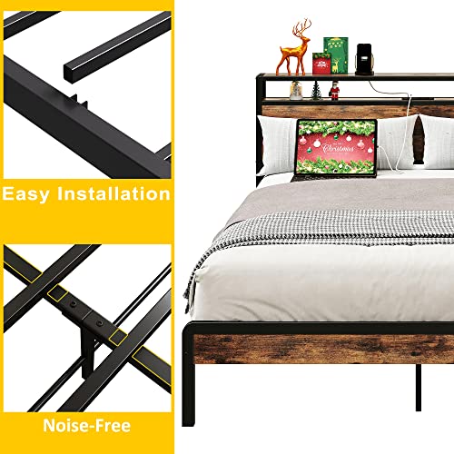 IRONCK Queen Bed Frame,Platform Bed with 2-Tier Storage Headboard and Power Outlets, USB Ports Charging Station, Sturdy and No Noise, No Box Spring Needed, Easy Assembly