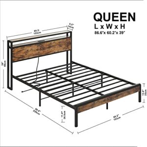 IRONCK Queen Bed Frame,Platform Bed with 2-Tier Storage Headboard and Power Outlets, USB Ports Charging Station, Sturdy and No Noise, No Box Spring Needed, Easy Assembly