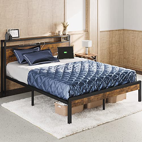 IRONCK Queen Bed Frame,Platform Bed with 2-Tier Storage Headboard and Power Outlets, USB Ports Charging Station, Sturdy and No Noise, No Box Spring Needed, Easy Assembly