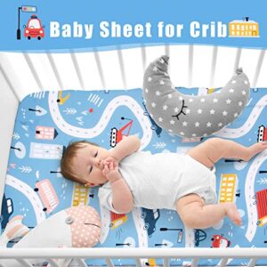 Cloele Fitted Crib Sheet - Baby Nursery Sheet 100% Polyester 2 Pack Cozy Bed Sheet Set for Standard Crib and Toddler Mattresses - Cartoon Car Nursery Bed Sheet Infant Baby Toddler Sheet for Baby