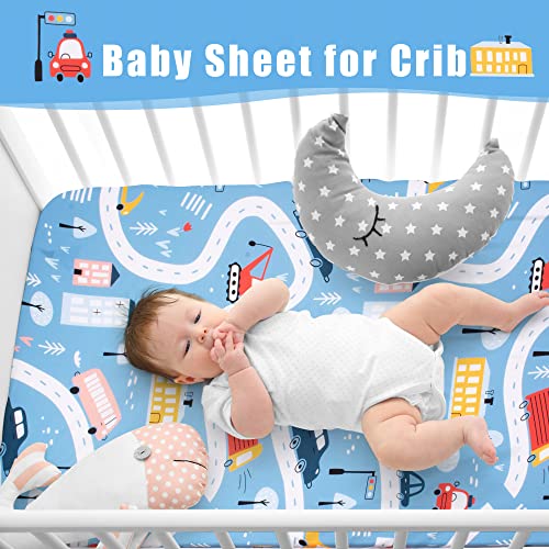 Cloele Fitted Crib Sheet - Baby Nursery Sheet 100% Polyester 2 Pack Cozy Bed Sheet Set for Standard Crib and Toddler Mattresses - Cartoon Car Nursery Bed Sheet Infant Baby Toddler Sheet for Baby