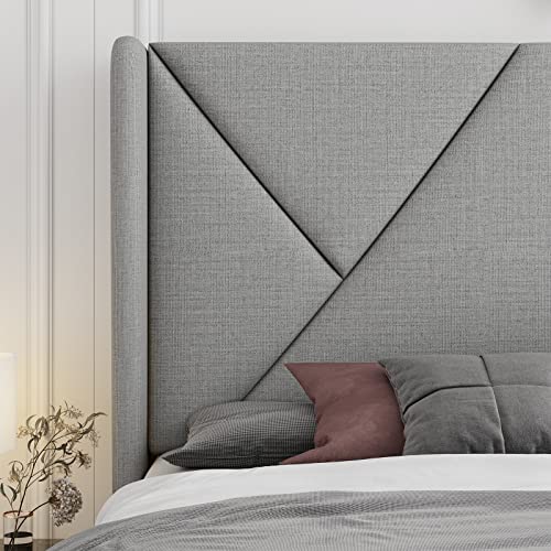 Feonase King Platform Bed Frame with Wingback Headboard, Geometric Upholstered Heavy Duty Bed Frame with Solid Wood Slats, No Box Spring Needed, Easy Assembly, Noise-Free, Light Gray