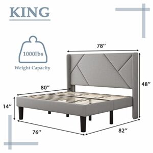 Feonase King Platform Bed Frame with Wingback Headboard, Geometric Upholstered Heavy Duty Bed Frame with Solid Wood Slats, No Box Spring Needed, Easy Assembly, Noise-Free, Light Gray