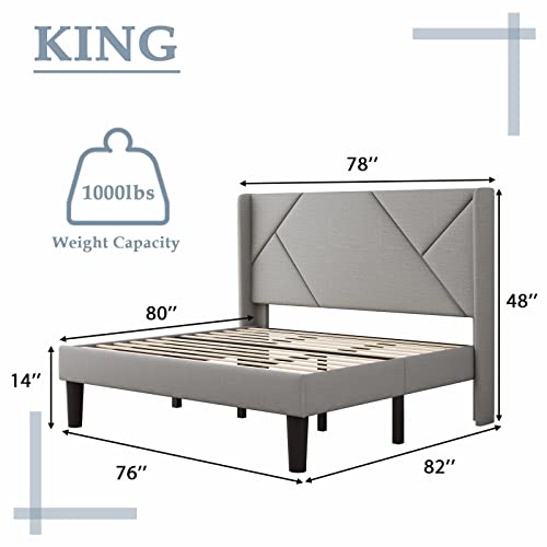 Feonase King Platform Bed Frame with Wingback Headboard, Geometric Upholstered Heavy Duty Bed Frame with Solid Wood Slats, No Box Spring Needed, Easy Assembly, Noise-Free, Light Gray