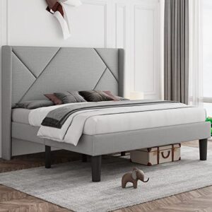 Feonase King Platform Bed Frame with Wingback Headboard, Geometric Upholstered Heavy Duty Bed Frame with Solid Wood Slats, No Box Spring Needed, Easy Assembly, Noise-Free, Light Gray