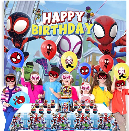 56PCS Spidey and His Amazing Friends Party Supplies,Spidey Happy Birthday Party Supplies Include Banner,Tablecloths,Masks,BackDrop, Ballon, Cake Topper and Cupcake Topper,Birthday Party Supplies Decorations for Boys and Girls