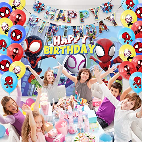 56PCS Spidey and His Amazing Friends Party Supplies,Spidey Happy Birthday Party Supplies Include Banner,Tablecloths,Masks,BackDrop, Ballon, Cake Topper and Cupcake Topper,Birthday Party Supplies Decorations for Boys and Girls