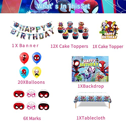 56PCS Spidey and His Amazing Friends Party Supplies,Spidey Happy Birthday Party Supplies Include Banner,Tablecloths,Masks,BackDrop, Ballon, Cake Topper and Cupcake Topper,Birthday Party Supplies Decorations for Boys and Girls