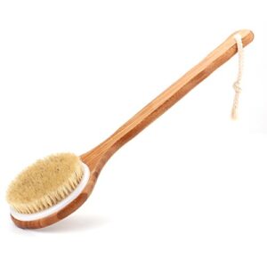 shower brush with natural bristle - long bamboo handle bath body brush for wet or dry brushing - improves blood circulation, exfoliating skin