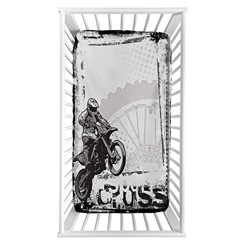 Motorcycle Fitted Crib Sheet,Motocross Racer Image Grungy Background Poster Style Monochromic Artwork Print Microfiber Silky Soft Toddler Mattress Sheet Fitted,28"x 52"x 8'',Baby Sheet for Boys Girls