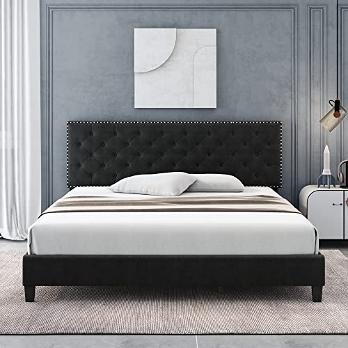 HOSTACK King Size Bed Frame, Modern Upholstered Platform Bed with Adjustable Headboard, Heavy Duty Button Tufted Bed Frame with Wood Slat Support, Easy Assembly, No Box Spring Needed (Black, King)