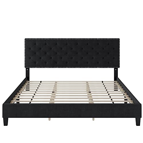 HOSTACK King Size Bed Frame, Modern Upholstered Platform Bed with Adjustable Headboard, Heavy Duty Button Tufted Bed Frame with Wood Slat Support, Easy Assembly, No Box Spring Needed (Black, King)