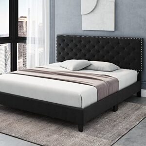 HOSTACK King Size Bed Frame, Modern Upholstered Platform Bed with Adjustable Headboard, Heavy Duty Button Tufted Bed Frame with Wood Slat Support, Easy Assembly, No Box Spring Needed (Black, King)