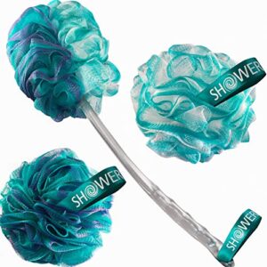 2-side-loofah-back-scrubber & bath-sponges by-shower-bouquet: 1-long-handle-back-brush plus 2-extra-large 75g soft mesh poufs, men & women - exfoliate with full pure cleanse in bathing accessories