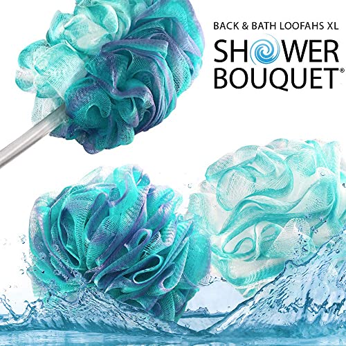 2-Side-Loofah-Back-Scrubber & Bath-Sponges by-Shower-Bouquet: 1-Long-Handle-Back-Brush Plus 2-Extra-Large 75g Soft Mesh Poufs, Men & Women - Exfoliate with Full Pure Cleanse in Bathing Accessories