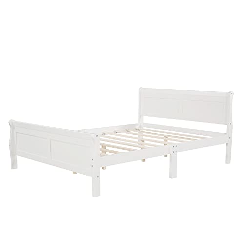 Harper & Bright Designs Wooden Full Platform Bed Full Bed Frame with Headboard and Footboard, Sleigh Bed with Wood Slat Support (Full, White)