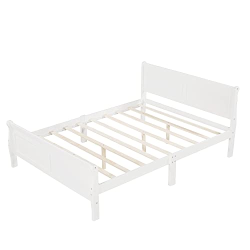 Harper & Bright Designs Wooden Full Platform Bed Full Bed Frame with Headboard and Footboard, Sleigh Bed with Wood Slat Support (Full, White)