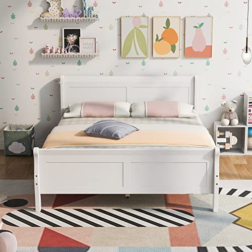 Harper & Bright Designs Wooden Full Platform Bed Full Bed Frame with Headboard and Footboard, Sleigh Bed with Wood Slat Support (Full, White)