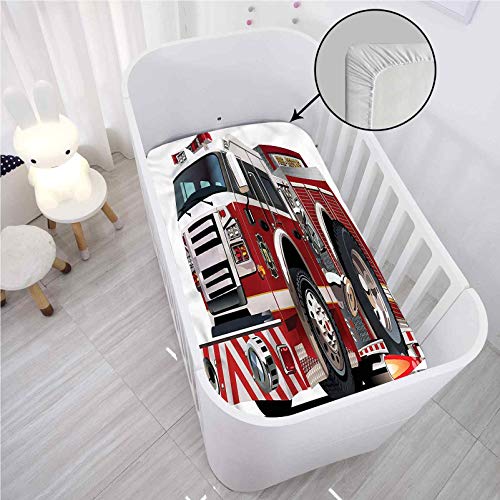 LCGGDB Fire Truck Crib Fitted Sheet,Rescue Department Car Breathable Cozy Baby Sheet for Standard Crib and Toddler mattresses Nursery Bedding Sheet Crib Mattress Sheets for Boys and Girls,28" x 52"