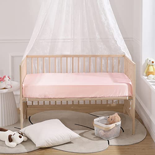 SiinvdaBZX Satin Crib Sheets for Girls, Silky Soft Pink Crib Fitted Sheets for Standard Crib and Toddler Mattress, 28 x 52 x 8In (Pack of 1)