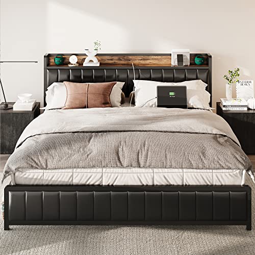 ANCTOR King Bed Frame with Storage Headboard & Footboard, Upholstered Platform Bed with USB Ports & Outlets, Strong Steel Slats Support Mattress Foundation, No Box Spring Needed