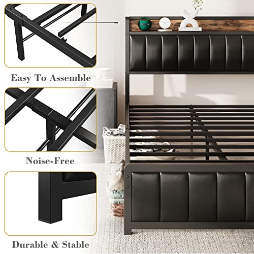 ANCTOR King Bed Frame with Storage Headboard & Footboard, Upholstered Platform Bed with USB Ports & Outlets, Strong Steel Slats Support Mattress Foundation, No Box Spring Needed