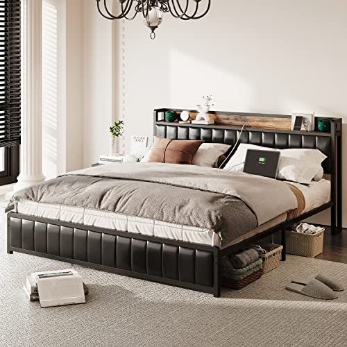 ANCTOR King Bed Frame with Storage Headboard & Footboard, Upholstered Platform Bed with USB Ports & Outlets, Strong Steel Slats Support Mattress Foundation, No Box Spring Needed