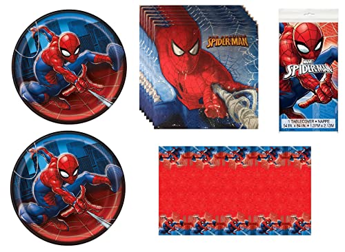 Unique Spiderman Party Supplies Bundle for 16 includes Plates, Napkins, Table Cover