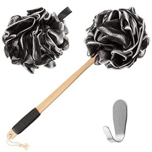 loofah back scrubber | bamboo charcoal infused shower scrubber | bath-sponge | exfoliating lufa body scrubber for men & women | includes 1 loofah on a stick,1 luffa pouf and 1 hook to hang loufa-black