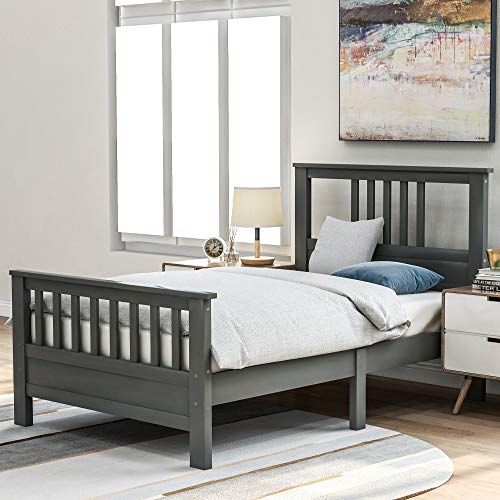 Merax Solid Wood Bed Frame with Headboard and Footboard/No Box Spring Needed/Easy Assembly for Kids Platform, Gray(Twin)