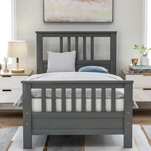 Merax Solid Wood Bed Frame with Headboard and Footboard/No Box Spring Needed/Easy Assembly for Kids Platform, Gray(Twin)