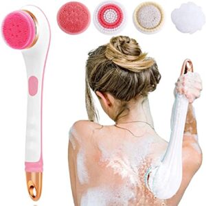 body brush rechargeable, electric body brush set, scrubber shower brush with long handle, spin skin brush with 4 brush heads for cleanse, massage, exfoliate and pamper your skin in the shower (pink)