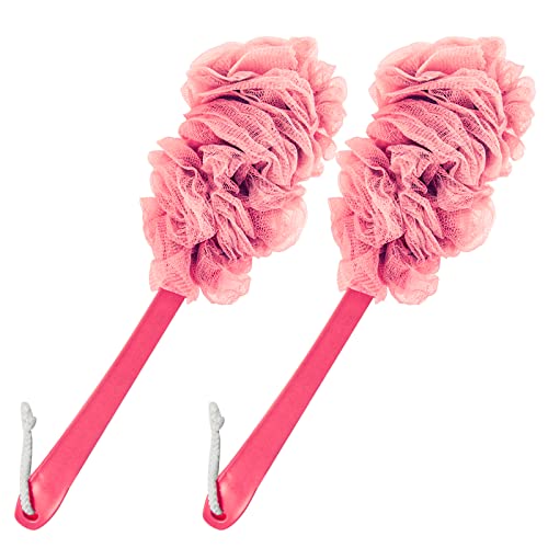 2Pack Back Scrubber for Shower，PIPUHA Loofah Sponge Shower Brush Using Body Exfoliating with Long Handle, Loofah on a Stick for Men Women, Bathing Accessories for Body Brushes (Red and Red)