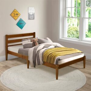 Mid-Century Modern Platform Bed/Solid Wood/Slat Headboard/Mattress Foundation of 10 Wood Slats - No Box Spring Needed/Easy Assembly, Mult. Colors, Twin (Castanho)