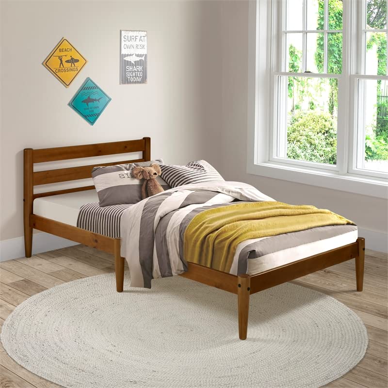 Mid-Century Modern Platform Bed/Solid Wood/Slat Headboard/Mattress Foundation of 10 Wood Slats - No Box Spring Needed/Easy Assembly, Mult. Colors, Twin (Castanho)