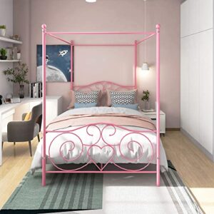 albearing canopy bed frame platform metal bed frame heavy duty steel slat and support with headboard and footboard no box spring required (full, pink)