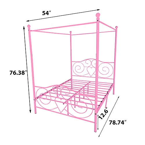 Albearing Canopy Bed Frame Platform Metal Bed Frame Heavy Duty Steel Slat and Support with Headboard and Footboard No Box Spring Required (Full, Pink)