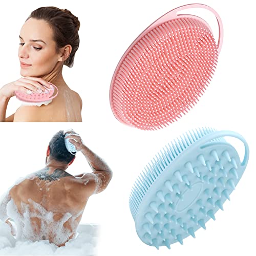 2 Pack Silicone Body Scrubber, 2 in 1 Bath and Shampoo Brush, Soft Silicone Loofah for Sensitive Skin, Double-Sided Body Brush for Men Women, Lathers Well, Gentle Exfoliating (Blue, Pink)