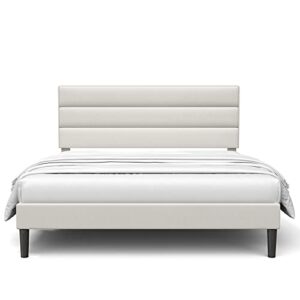 bonsoir bed frame modern horizontal panel upholstered low profile platform with tufted headboard/no box spring needed/no bed skirt needed/linen fabric upholstery/beige (queen size)