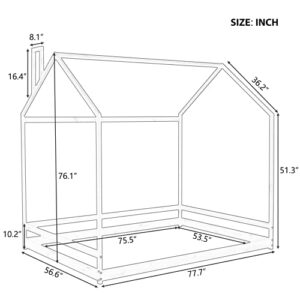 Full Size Wood House Bed, Wooden Bedframe with Roof for Kids, Teens, Boys or Girls, Gray